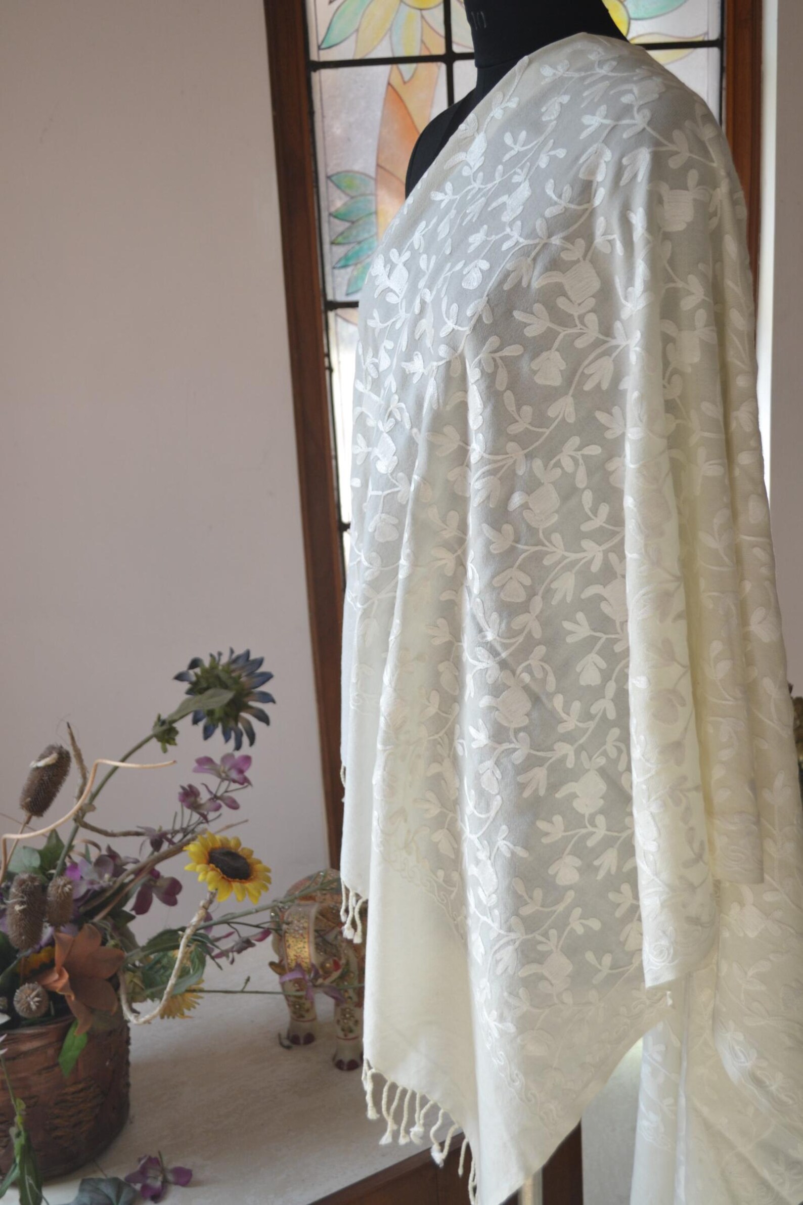 Off-white Shawl With White Embroidery. Floral Wedding Scarves for Her ...
