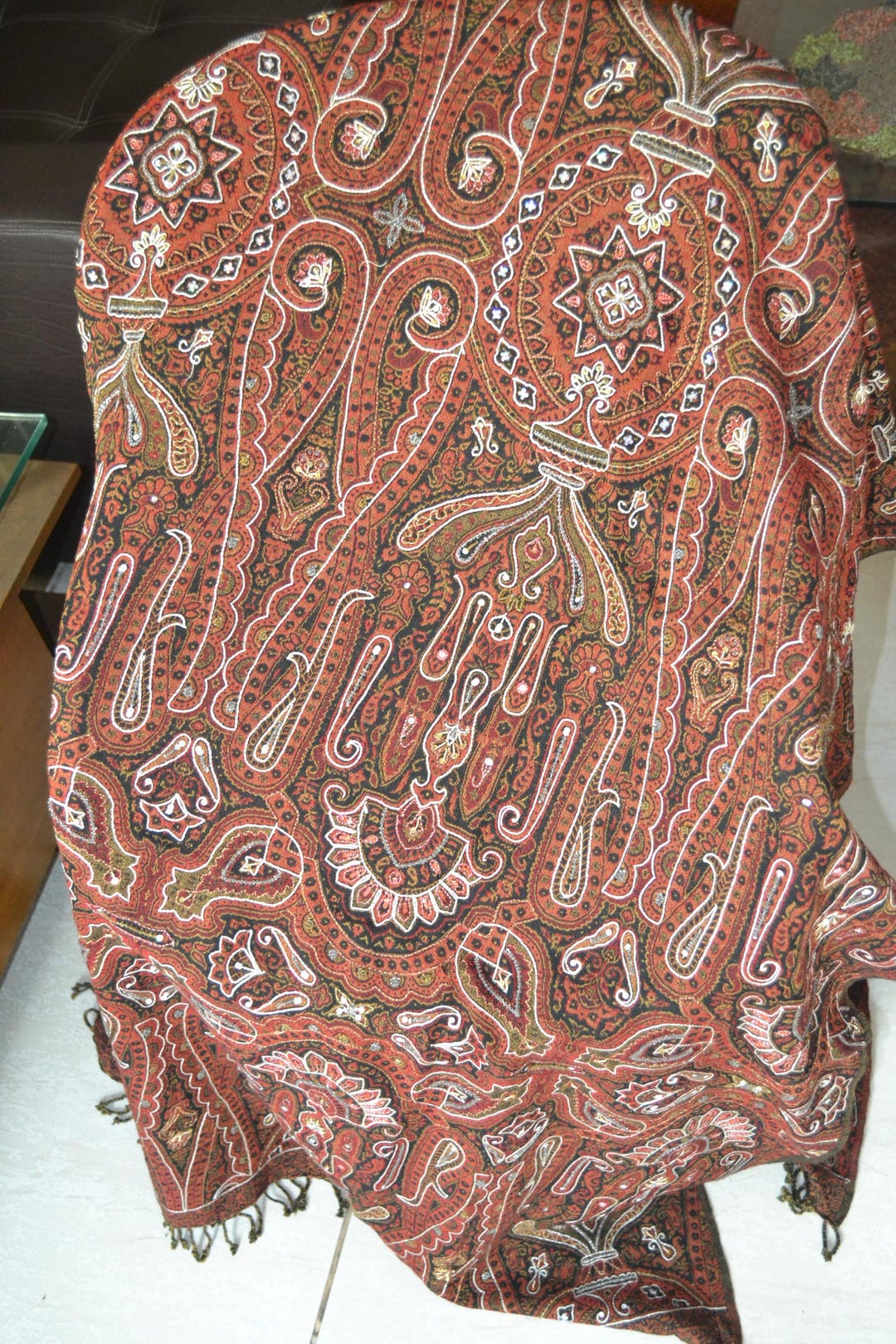 BOHO HIPPIE Tribal Jamawar Beaded Stole 100% Merino Lambs Wool Pashmina ...