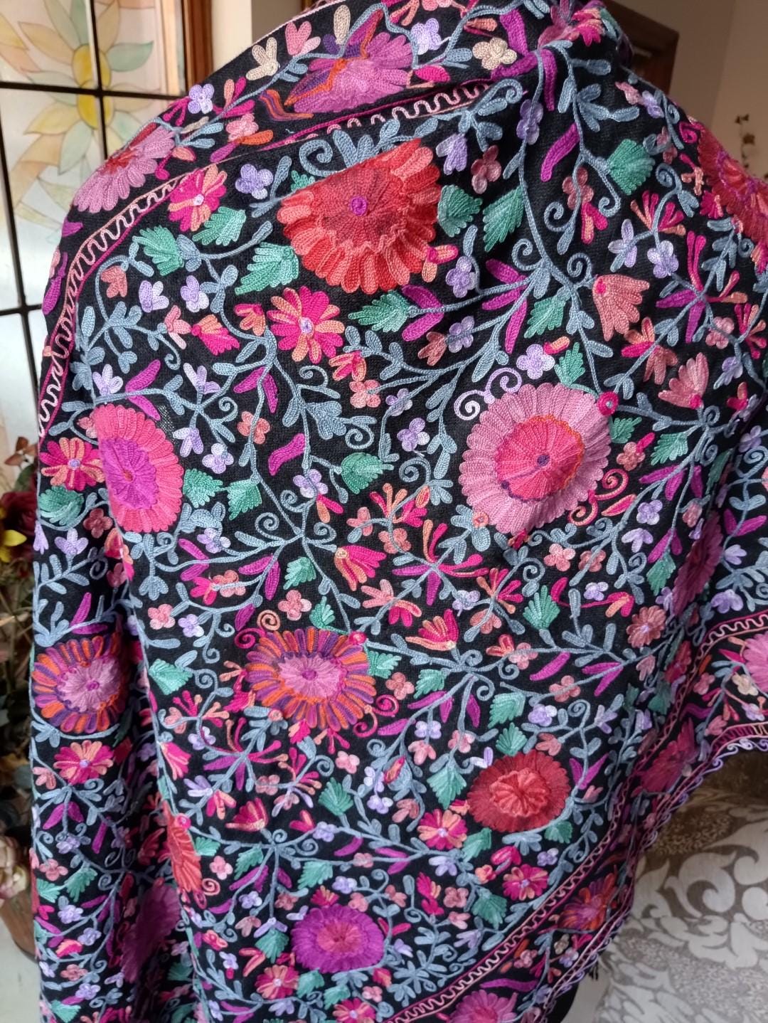 Black Shawl. Master Craftsman Creation Multicolor Vibrant Floral Hand ...