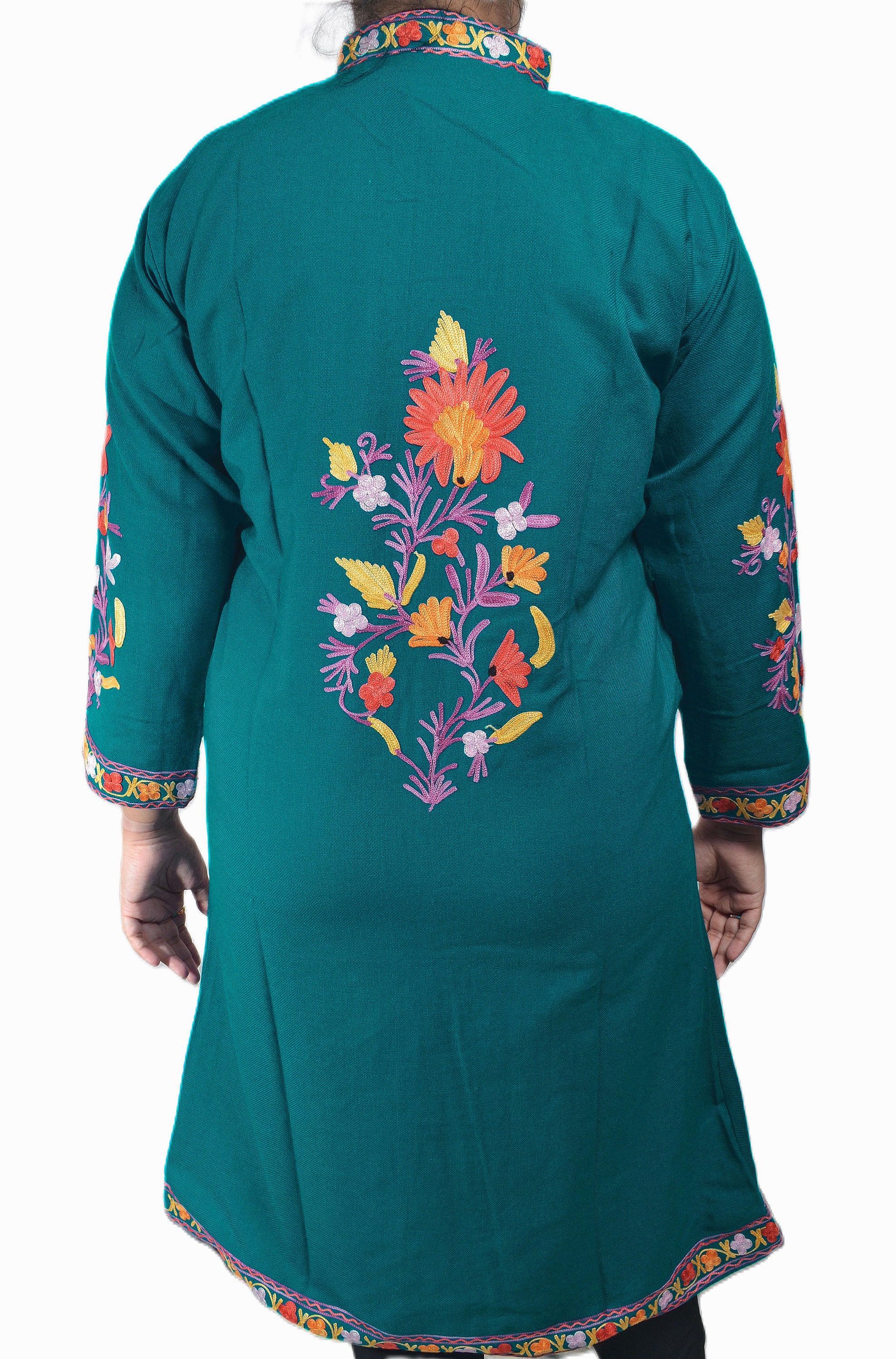 TEAL GREEN Hand Embroidered Long Coat. Trendy Boho Jacket. Floral ...