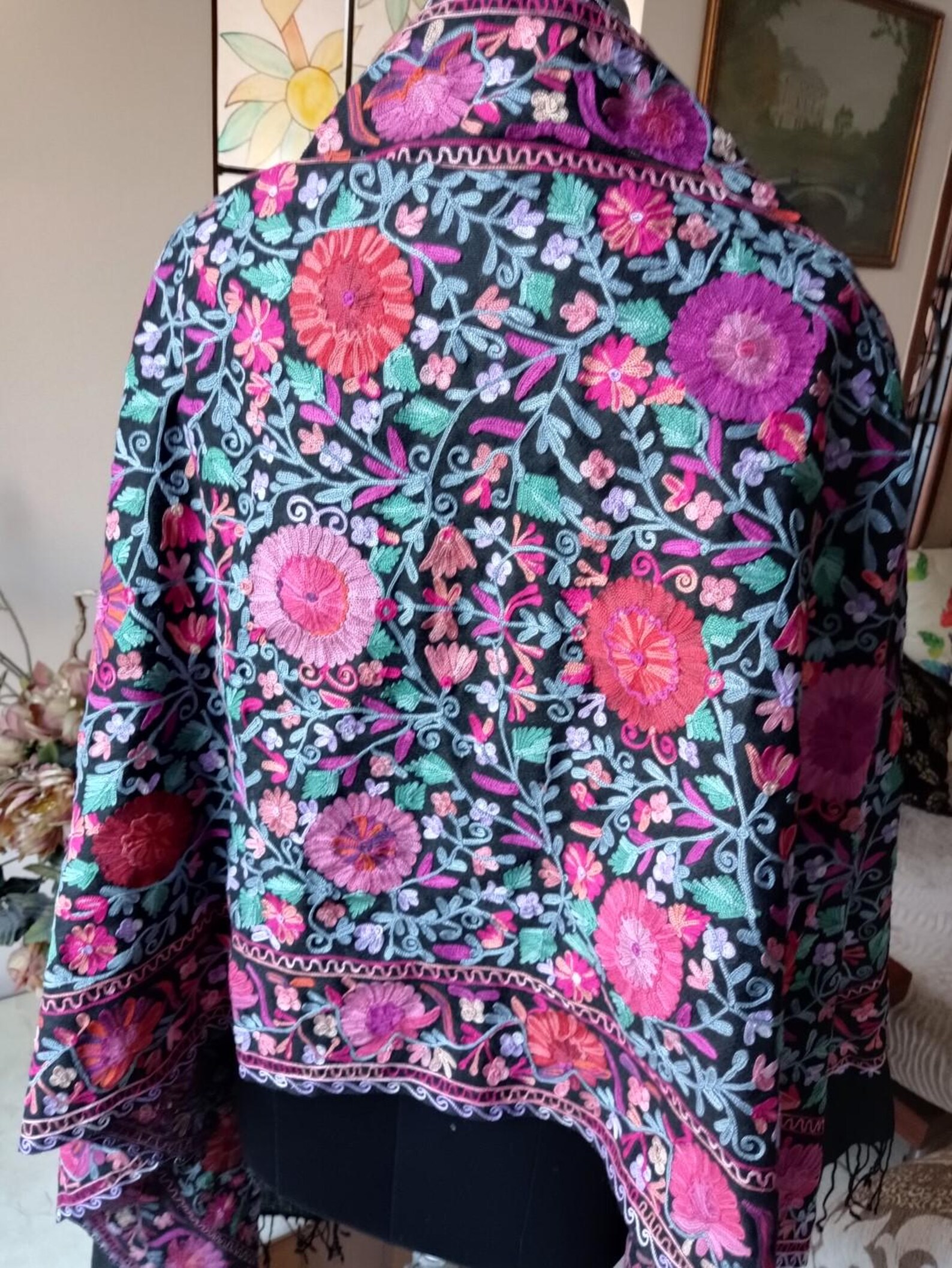 Black Shawl. Master Craftsman Creation Multicolor Vibrant Floral Hand ...