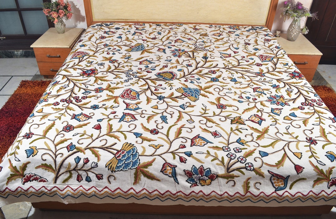 WHITE Floral Embroidered Kingsize Bedspread. 100% Cotton Handmade ...