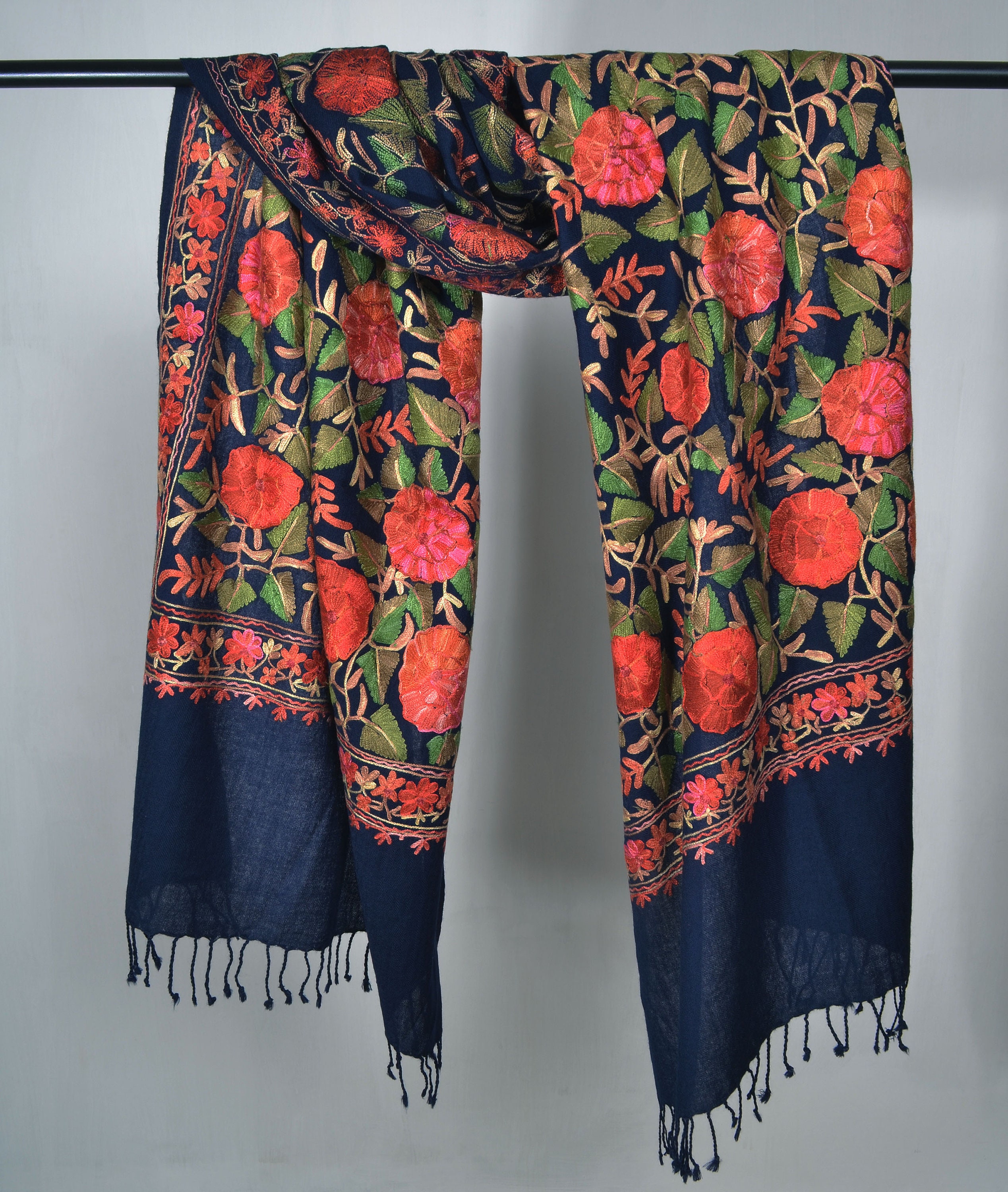 DARK BLUE Scarf. Floral Hand Embroidery. 100% Wool Wrap. Kashmiri ...