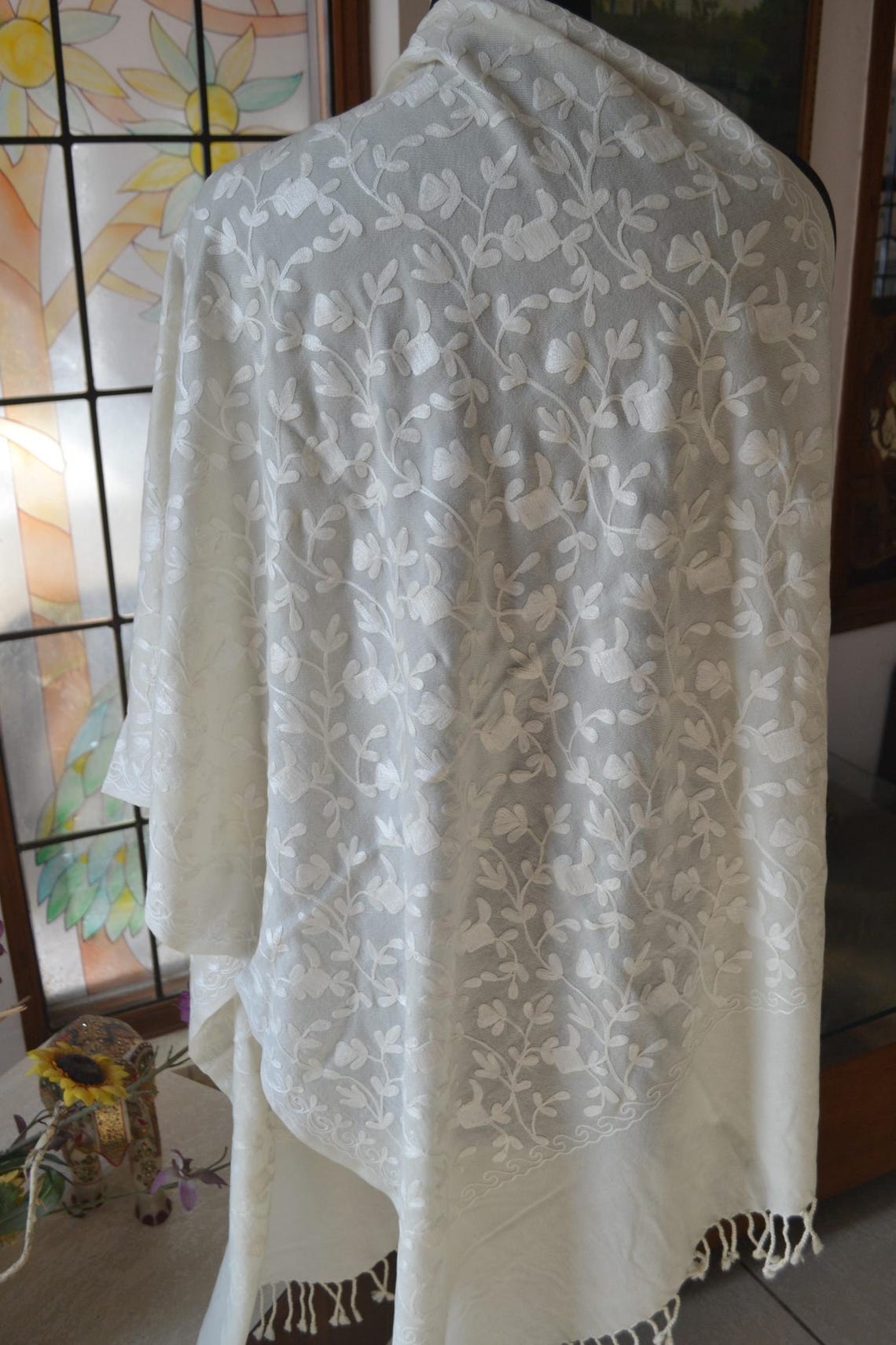 Off-white Shawl With White Embroidery. Floral Wedding Scarves for Her ...