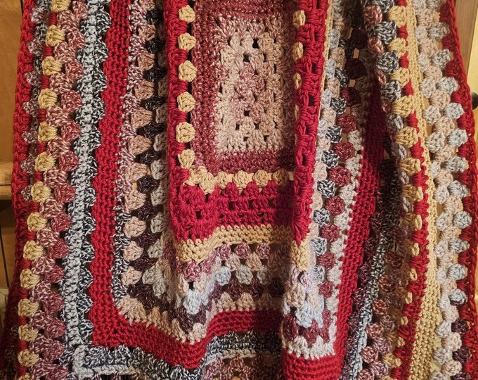 Hand Crochet Granny Afghan in Red, Anthracite, Wheat, Dusty Pink, Tan ...