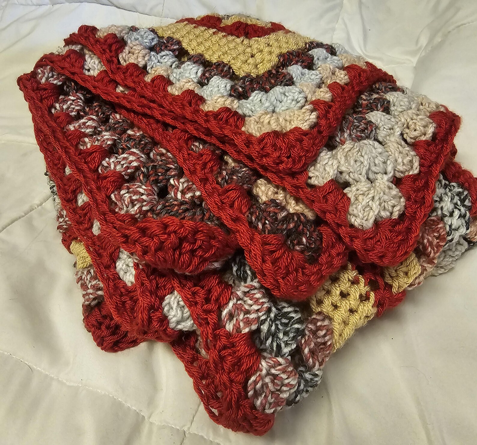 Hand Crochet Granny Afghan in Red, Anthracite, Wheat, Dusty Pink, Tan ...
