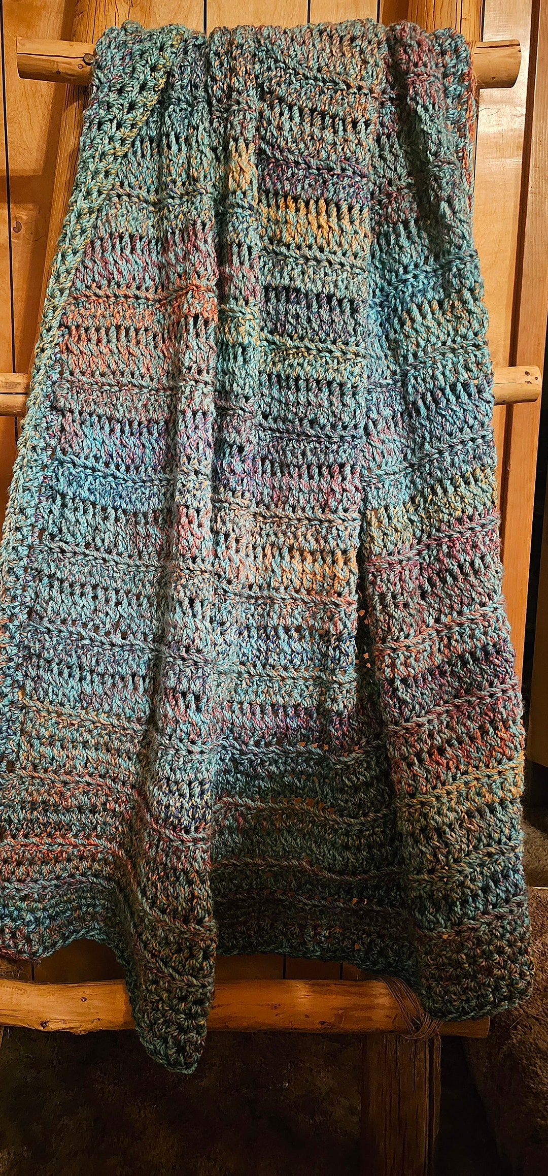 REDUCED Boho Crochet Afghan Double Strand Turquoise and Muted Rainbow ...