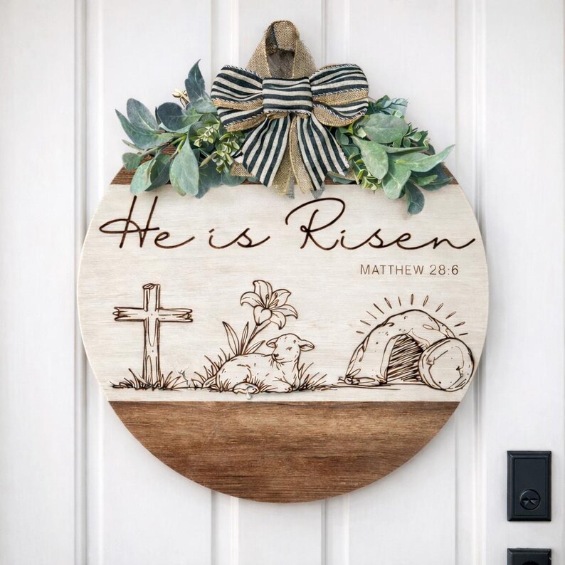 Farmhouse Easter Door Decor Wood Round Sign He is Risen Spring Front ...