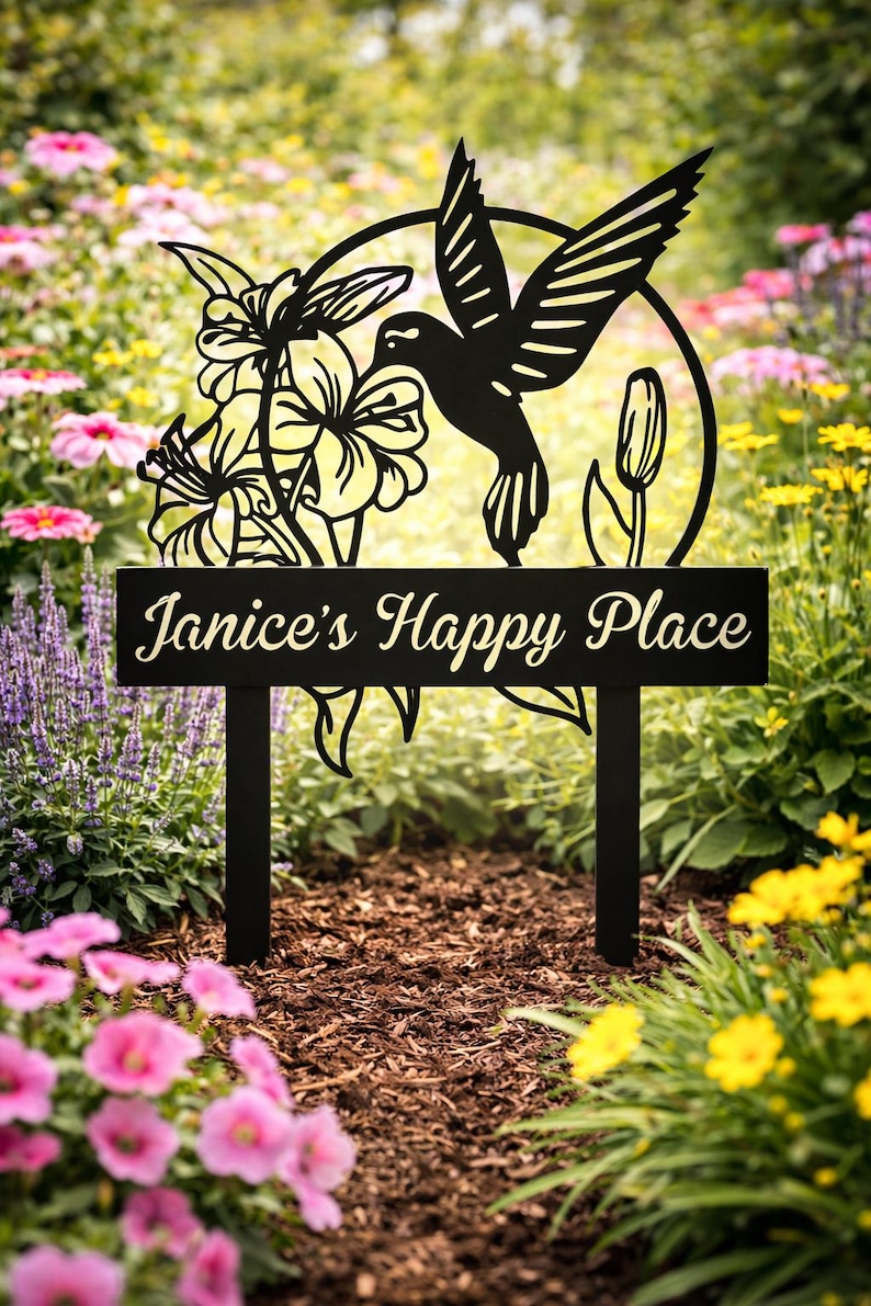 Custom Hummingbird Metal Garden Decor, Bird With Stakes Garden Sign ...