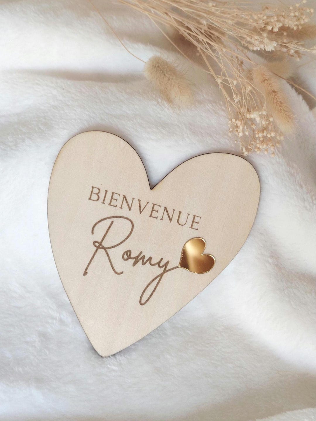 Wooden Welcome Disc Card With a Gold Heart, Customizable With Baby's ...