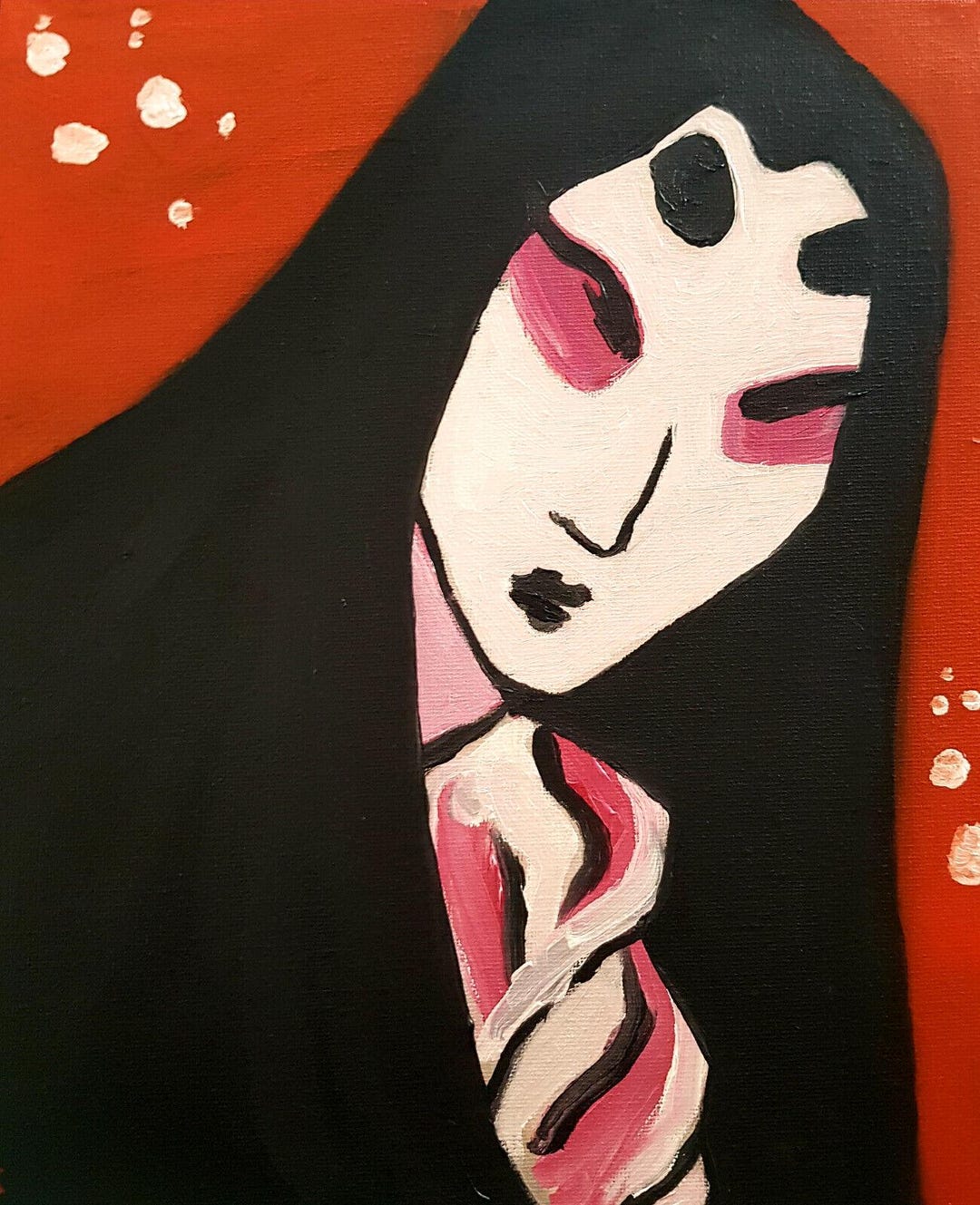 Oil Painting Signed Art Yuki Onna Face Yokai Tengu Oni Red JAPANESE ...