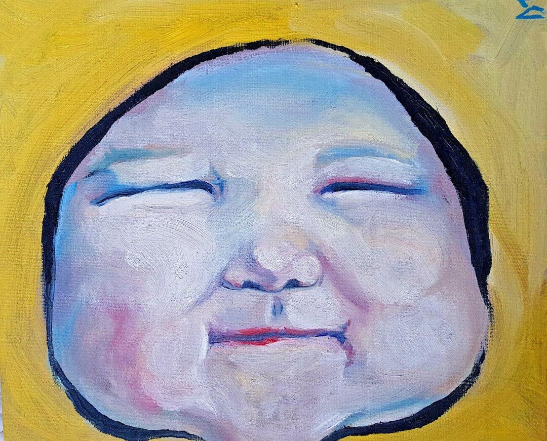 Original Oil Painting Art Baby Face Yellow Zashiki Warashi YOKAI LUCKY ...