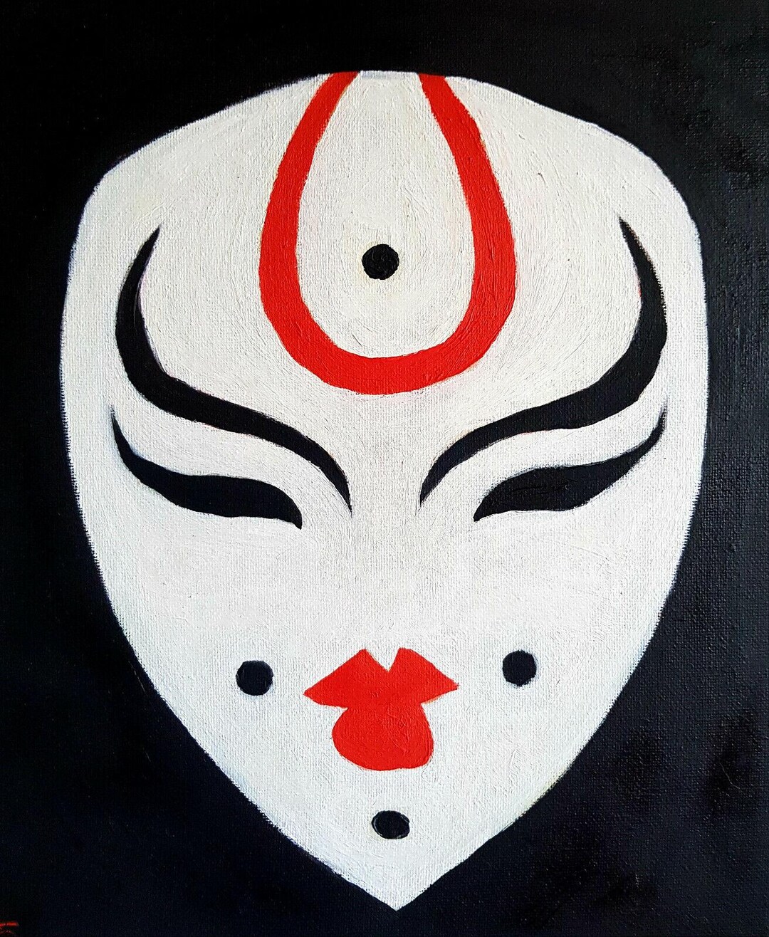 Original Oil Painting Face Kabuki Mask Japanese Spirit Yokai Red SIGNED ...