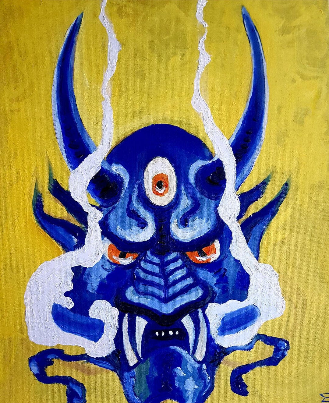 Oil Painting Canvas Signed Srt Face Yokai Akuma Devil Japanese MASK ...