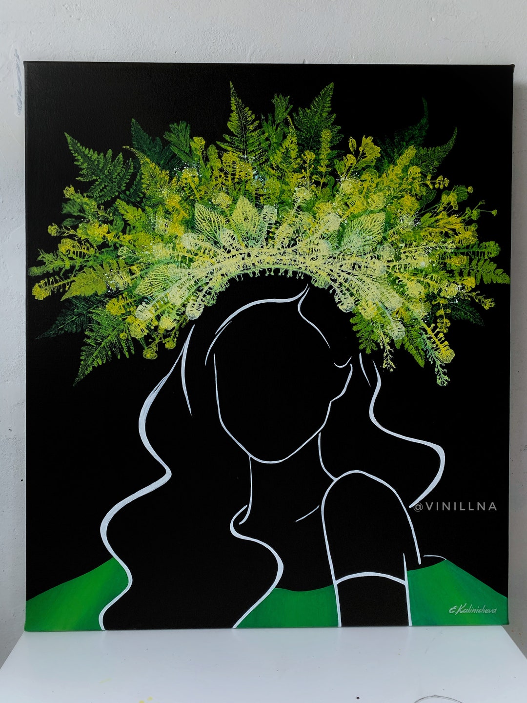 Spring Girl Nymph Painting Botanical Painting Green Yellow Leaves ...