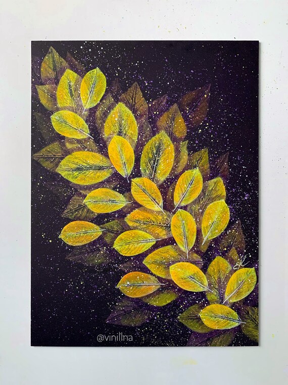 Yellow and Purple Starry Lights Abstract Art Leaves Print Abstract Painting on Board Etsy Canada