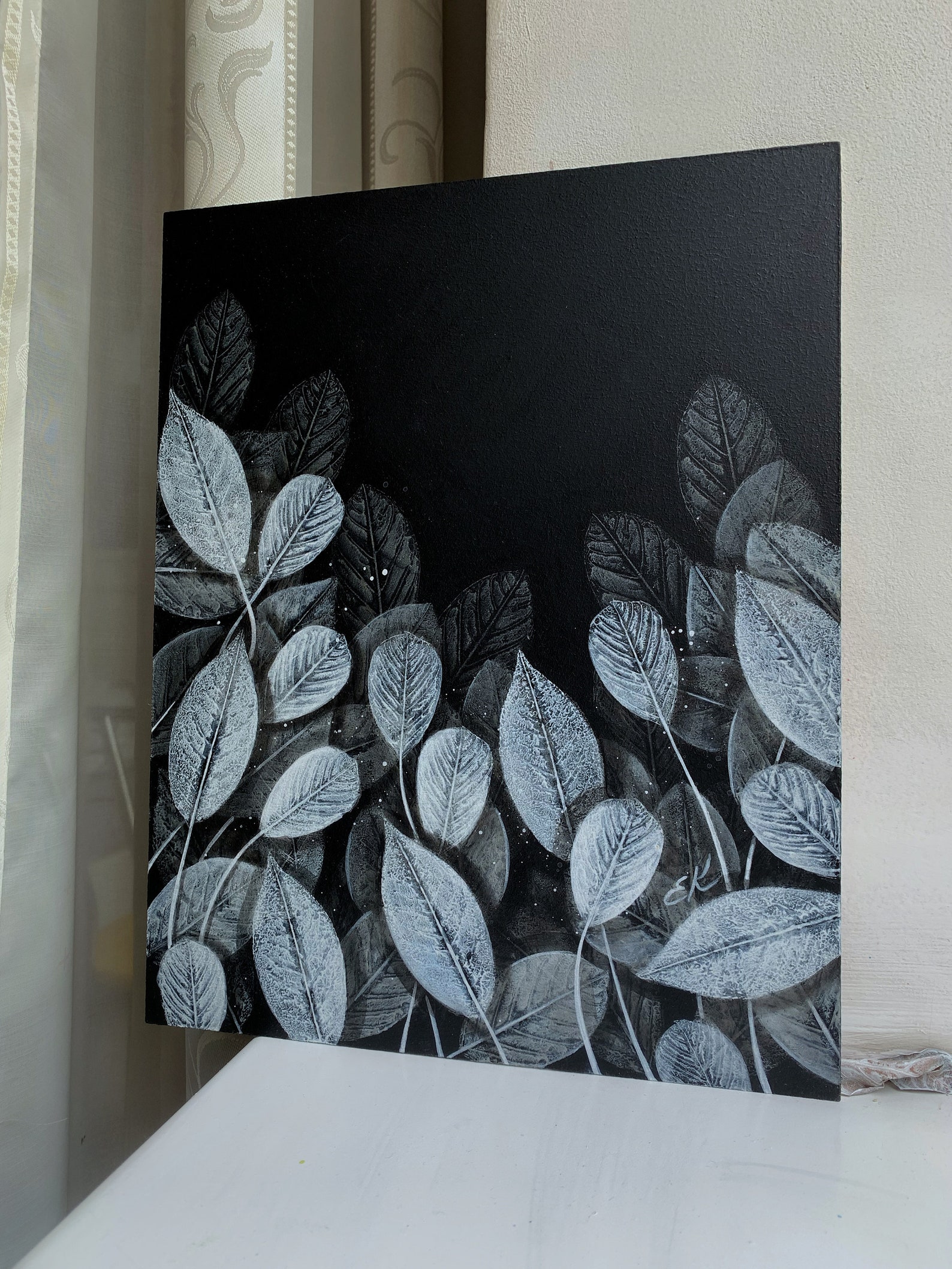 Black and White Spring Leaves Print on Cardboard - Etsy