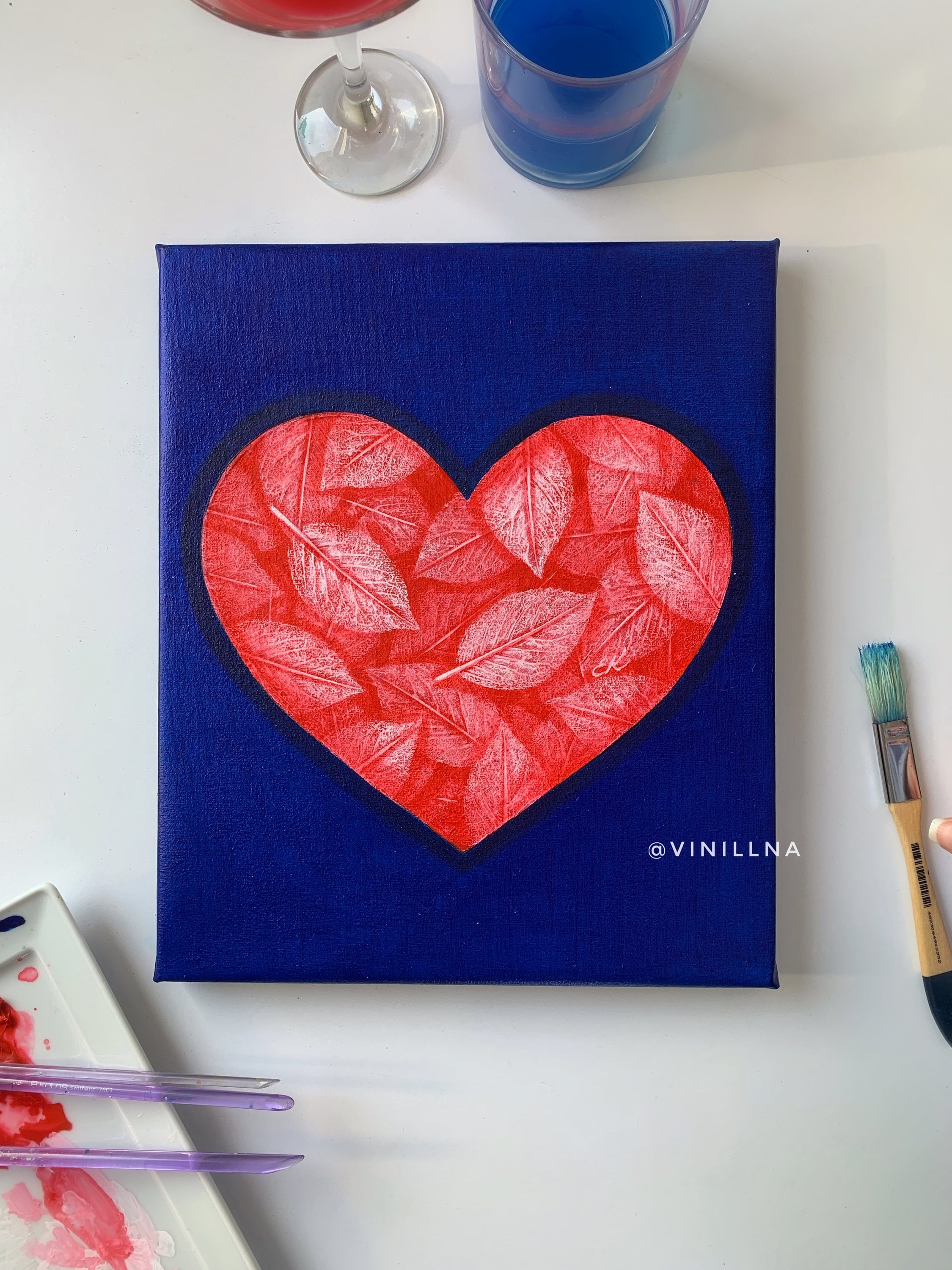 Love Heart Painting Leaf Painting Red Blue Heart Painting - Etsy