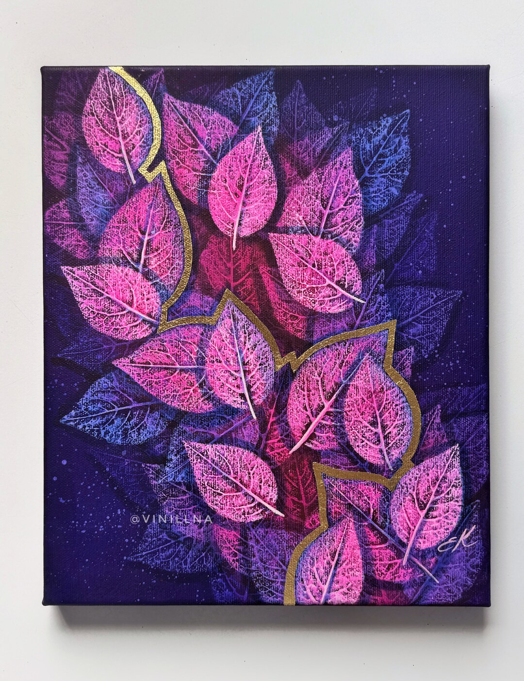 Galaxy Leaves Painting Purple Pink Leaves Painting Cosmic Painting Gold ...