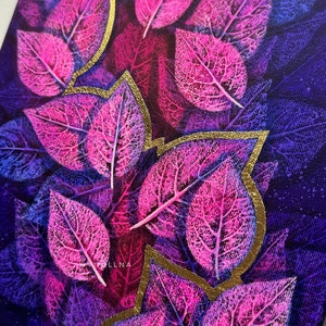 Galaxy Leaves Painting Purple Pink Leaves Painting Cosmic Painting Gold ...
