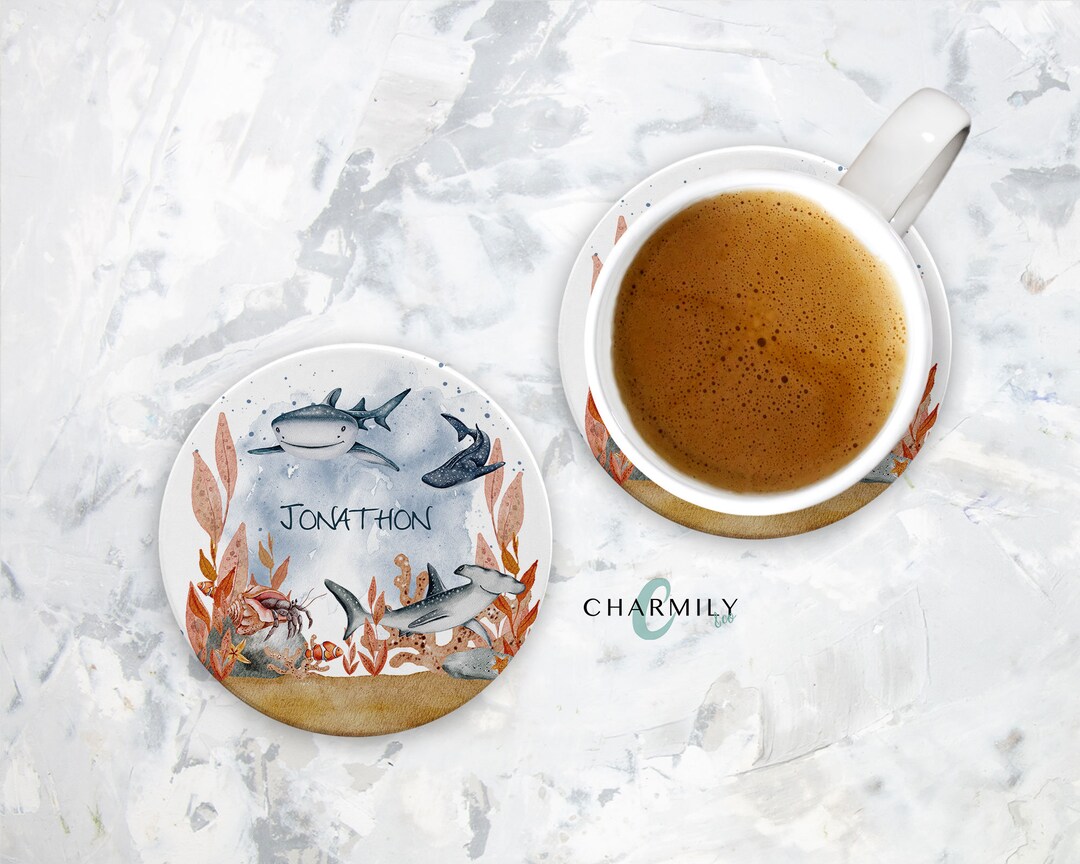 Shark Sandstone Coaster | Personalised | Round Coaster | Desk Accessory ...