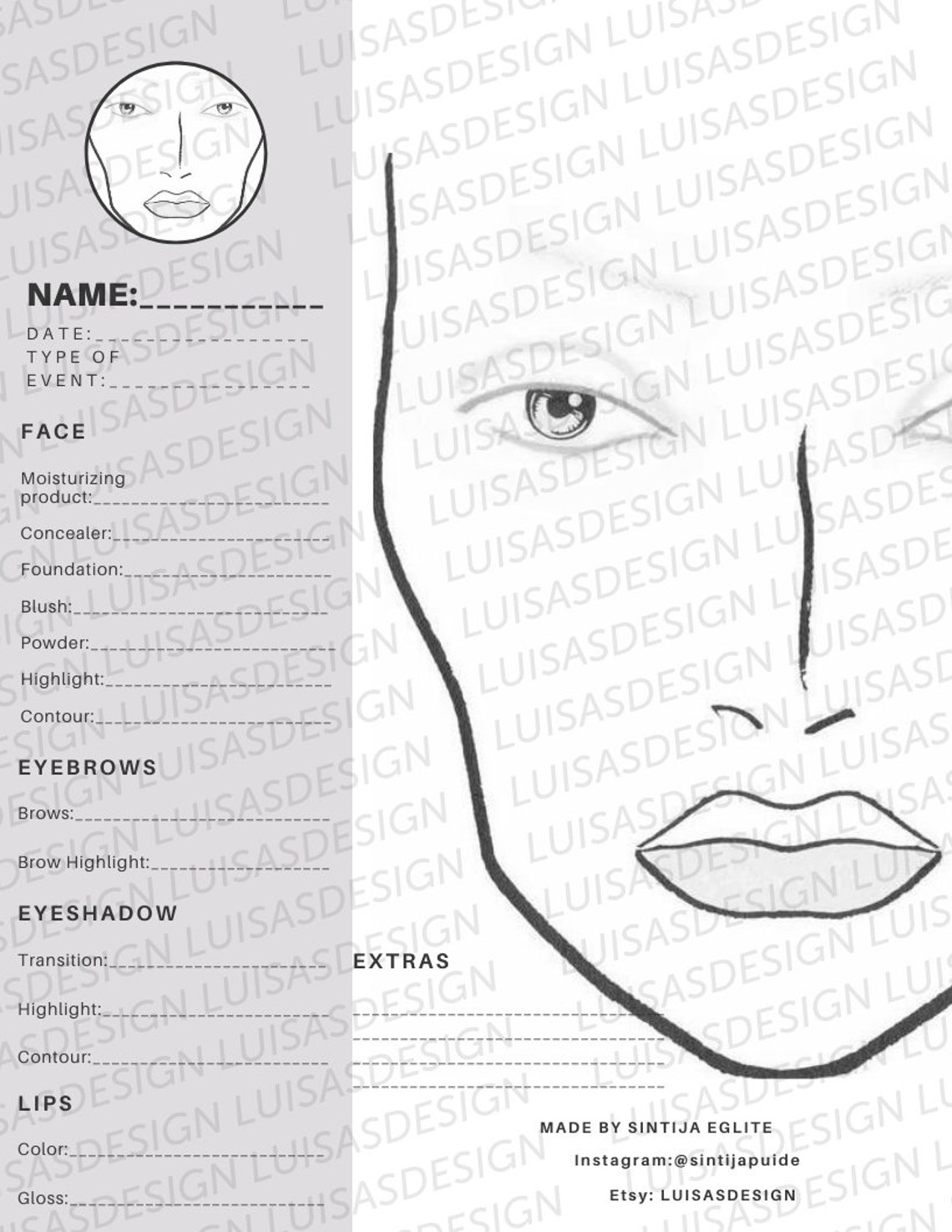 Female Face Chart Makeup Chart Makeup Sales Sheet Makeup | Etsy