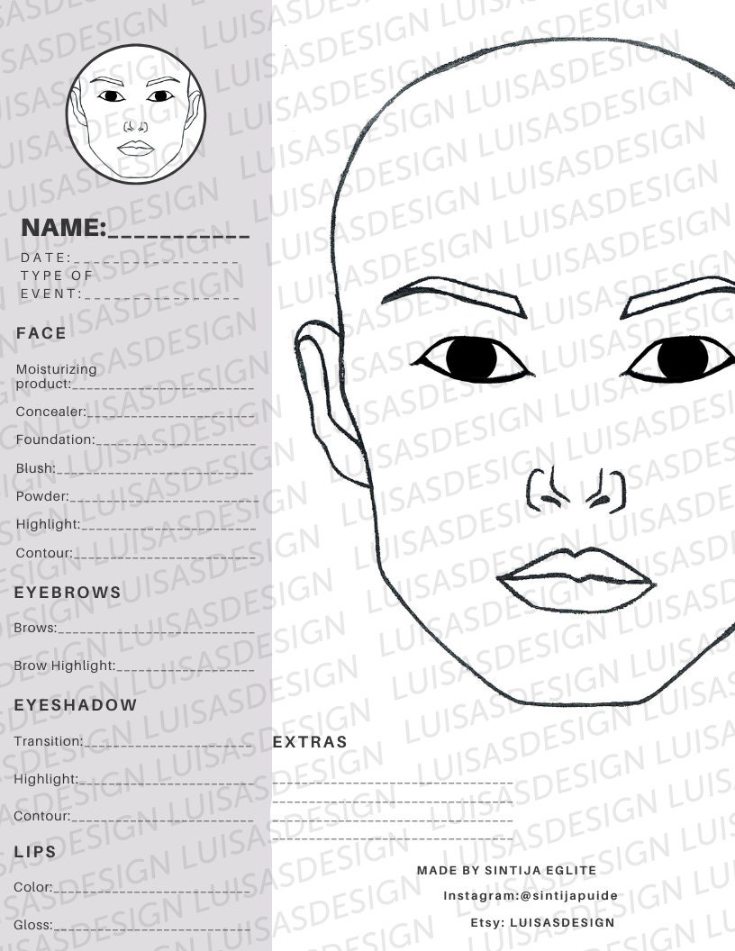 Male Face Chart,makeup Chart,makeup Sales Sheet,makeup Consultation ...