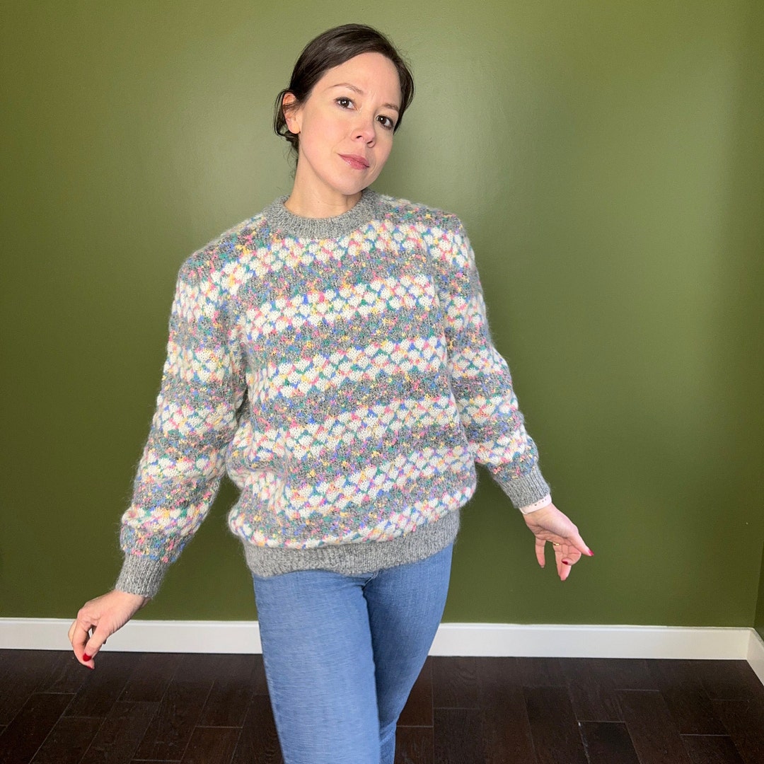 Vintage 80s/90s Mohair Sweater by Primo Tempo Grey, White, Pink, Yellow ...