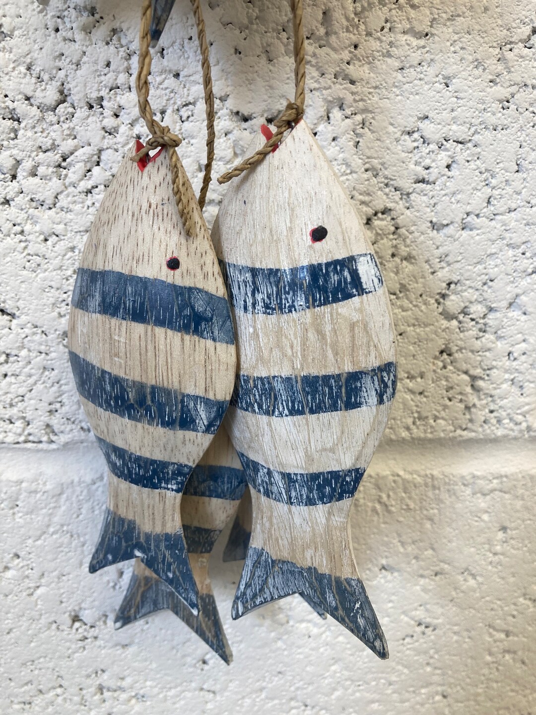 Shabby Chic Wooden Fish on a String 16 Blue & White Hand Painted Wood ...