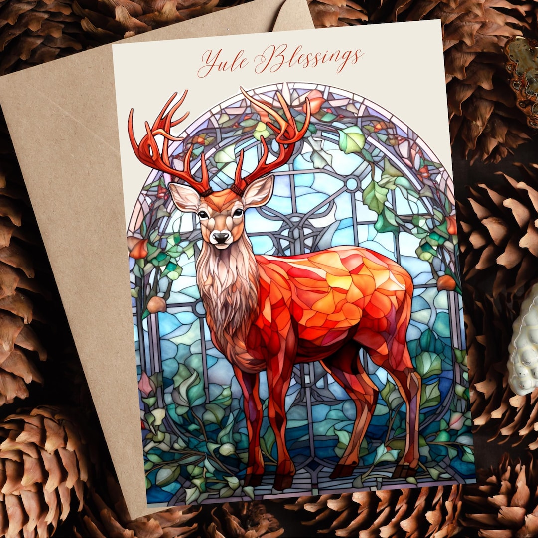 Stained Glass Yule Card-yule Stag Card-pagan Yule Greeting Card-winter Solstice Card-pagan ...