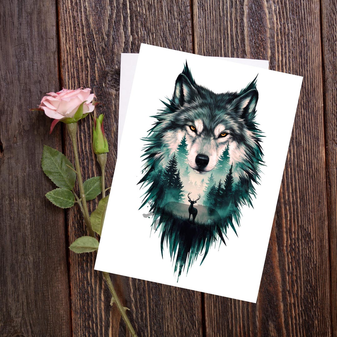 Wolf Greeting Card-wolf Art Print Card-stag & Wolf Greeting Card ...