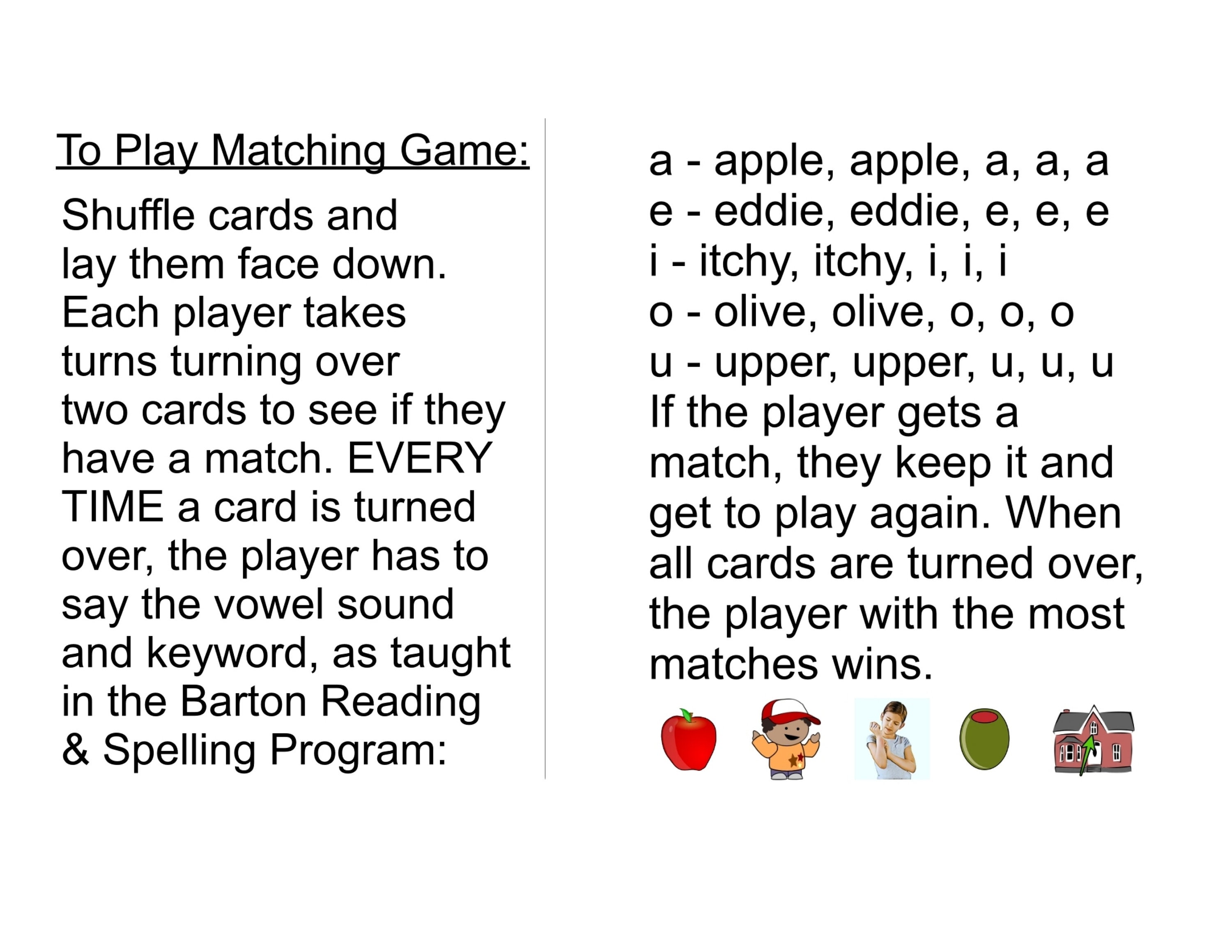 Vowel Matching Card Game With Barton Reading & Spelling System Vowel ...