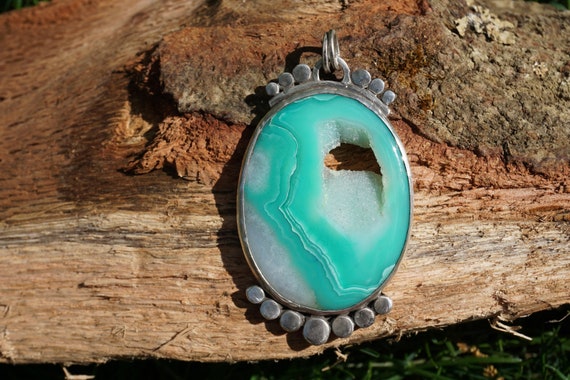 Cyan Botswana Agate Druzy Pendant Sterling Silver Handmade | Etsy