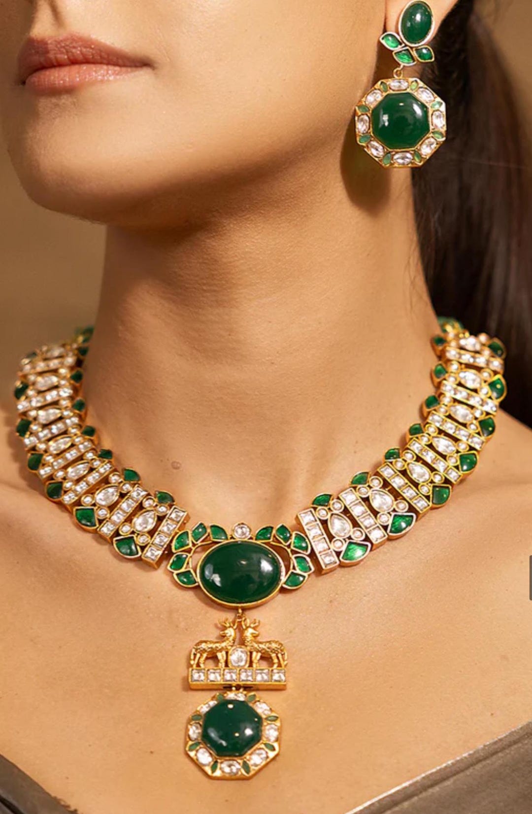 Radiant Golden-green Choker Necklace Set Timeless Necklacr With Polkis ...
