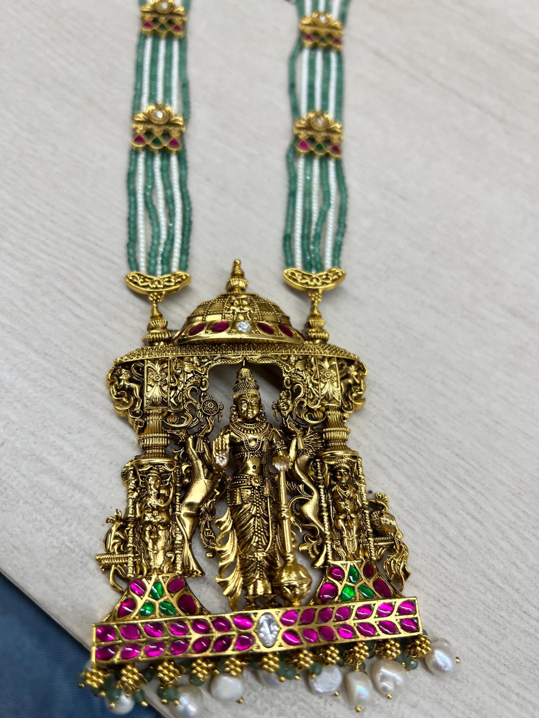 Vishnu Long, Kemp Stone Long Temple, Jadau, Long Necklace,nakshi ...