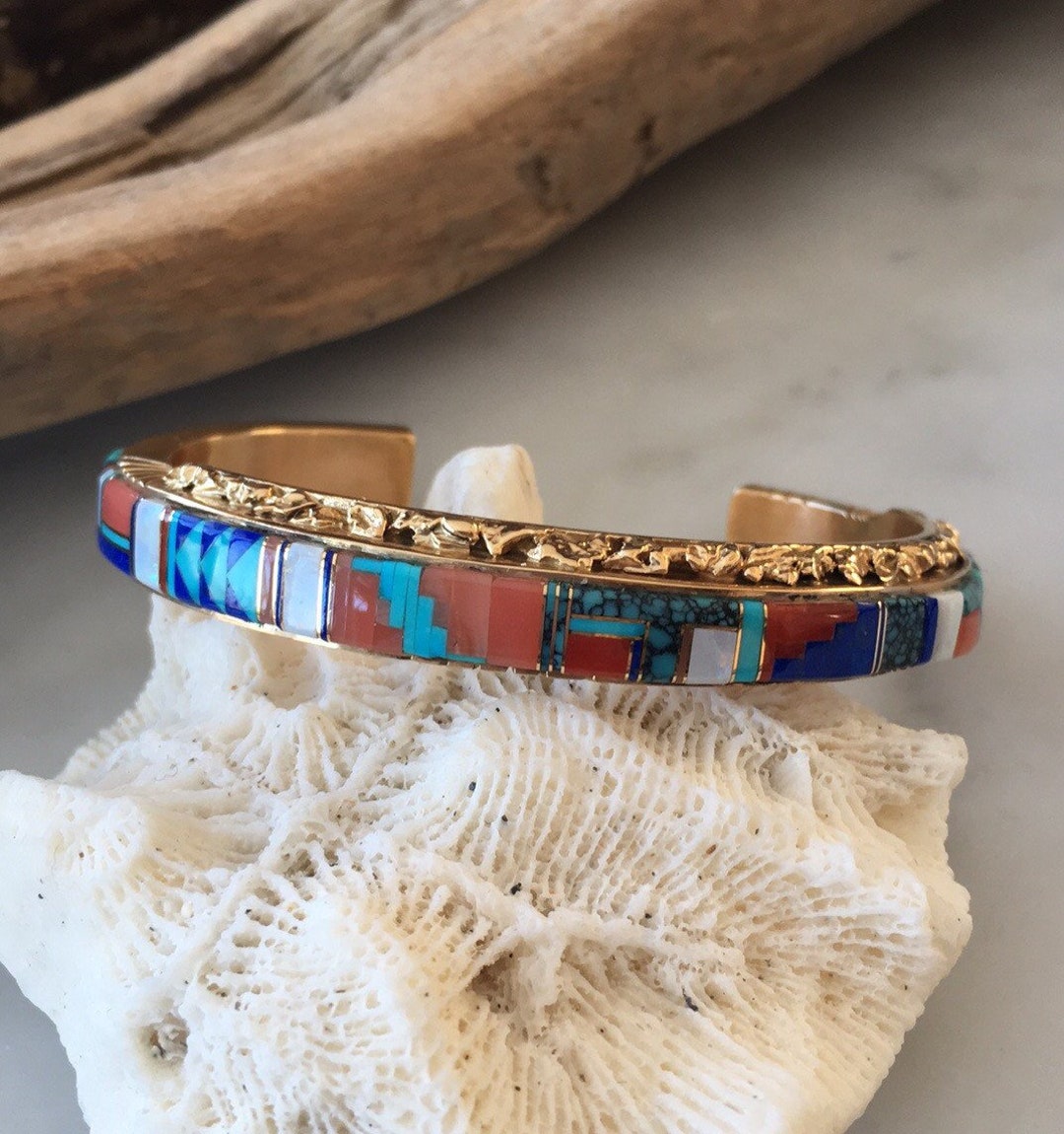 Vintage 14K Gold Inlay Native American Bracelet - Etsy