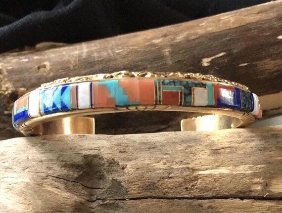 Vintage 14K Gold Inlay Native American Bracelet - Gem