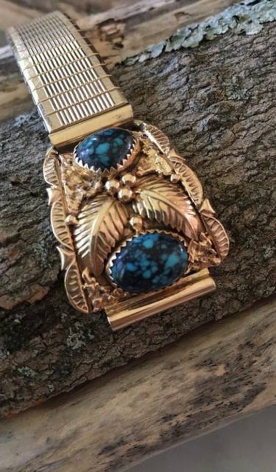 Vintage 14K Gold Native American Turquoise Watch Tips - Gem