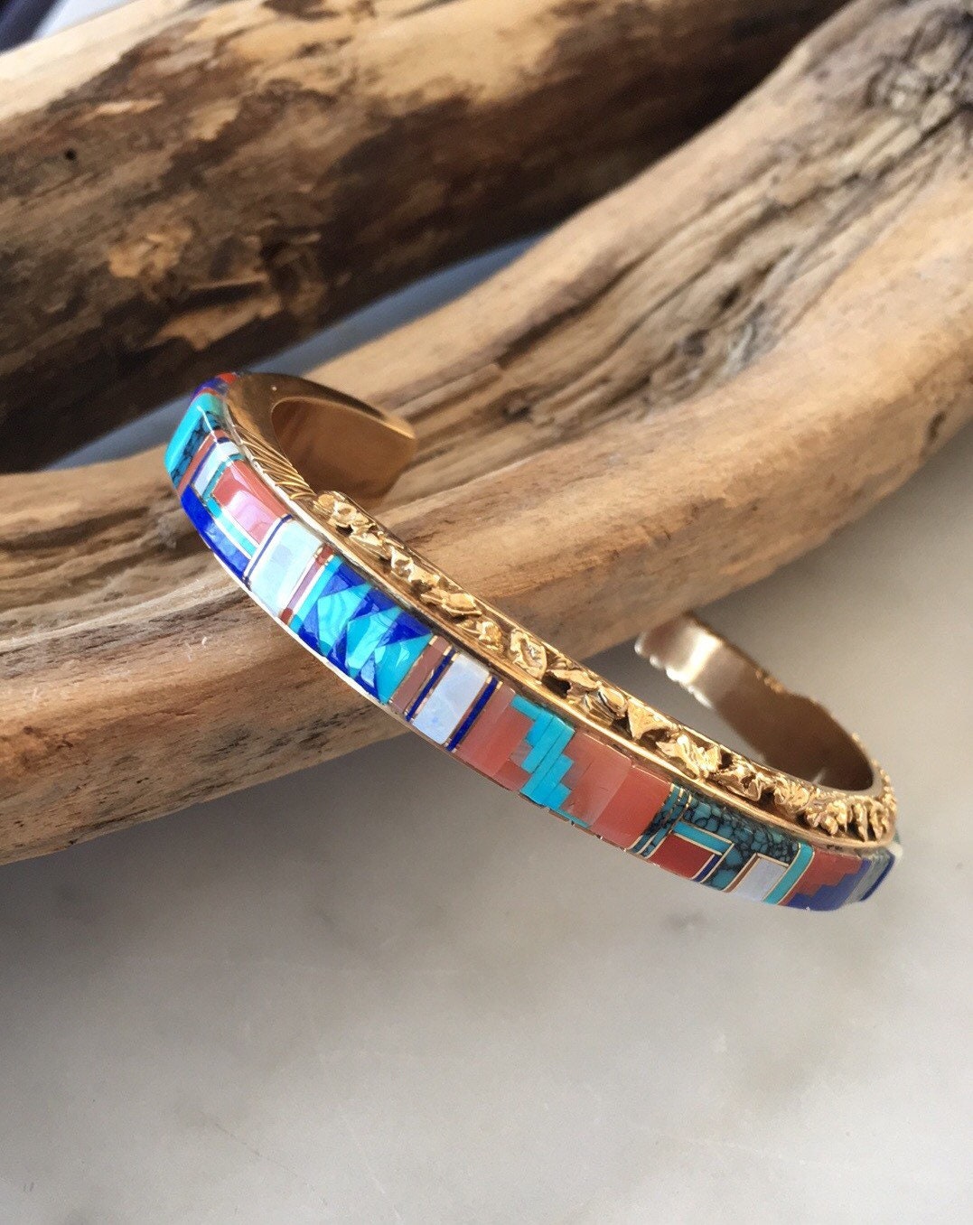 Vintage 14K Gold Inlay Native American Bracelet - Etsy