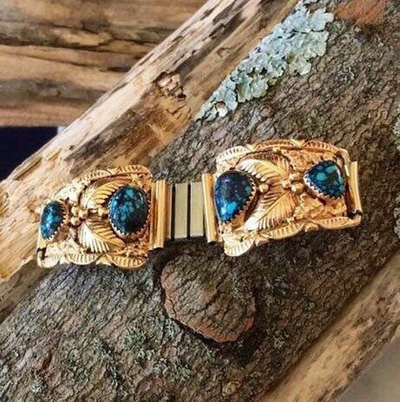 Vintage 14K Gold Native American Turquoise Watch Tips - Gem