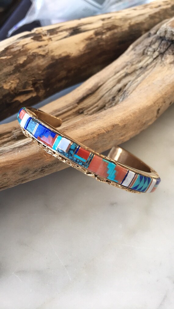 Vintage 14K Gold Inlay Native American Bracelet - Gem