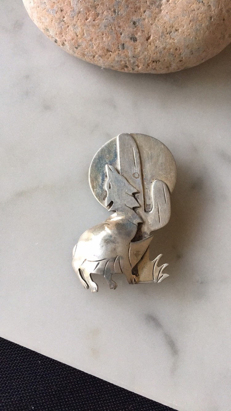 Vintage Native American Cactus and Coyote Sterling Silver Pin - Etsy
