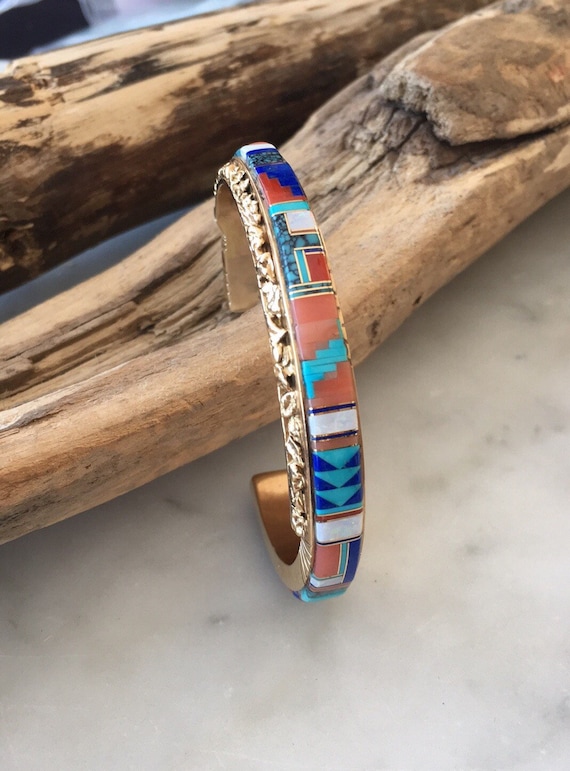 Vintage 14K Gold Inlay Native American Bracelet - Gem