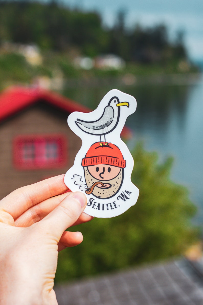 Seattle Sticker Seattle Fisherman and Seagull Vinyl Sticker - Etsy