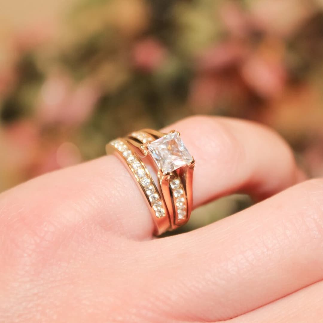 Gold/silver Tone Square Cut Bridal Ring Sets ( Engagement, Wedding ...