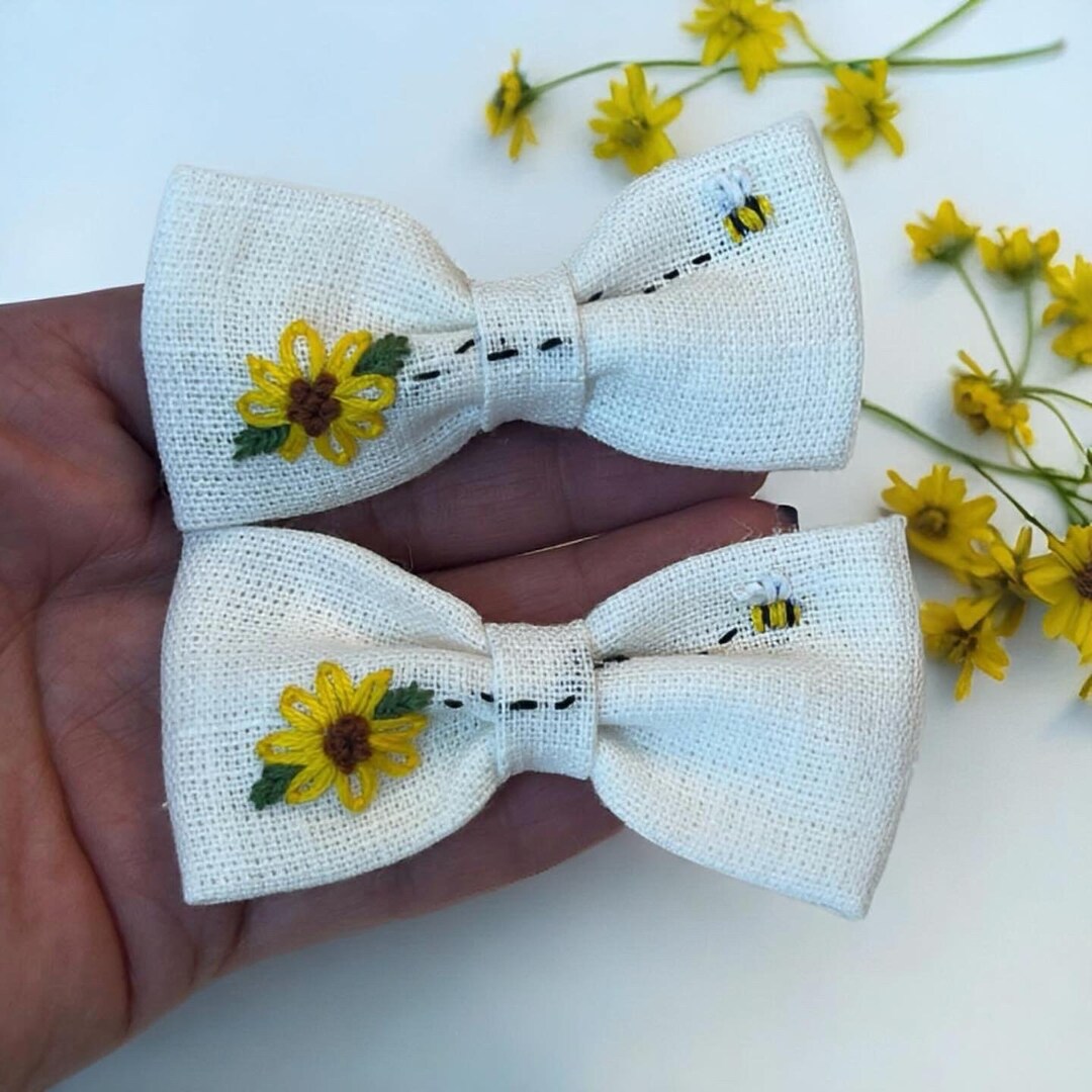 Bee and Sunflower Hair Bow, Linen Hair Bow for Girls, Hair Bow for ...