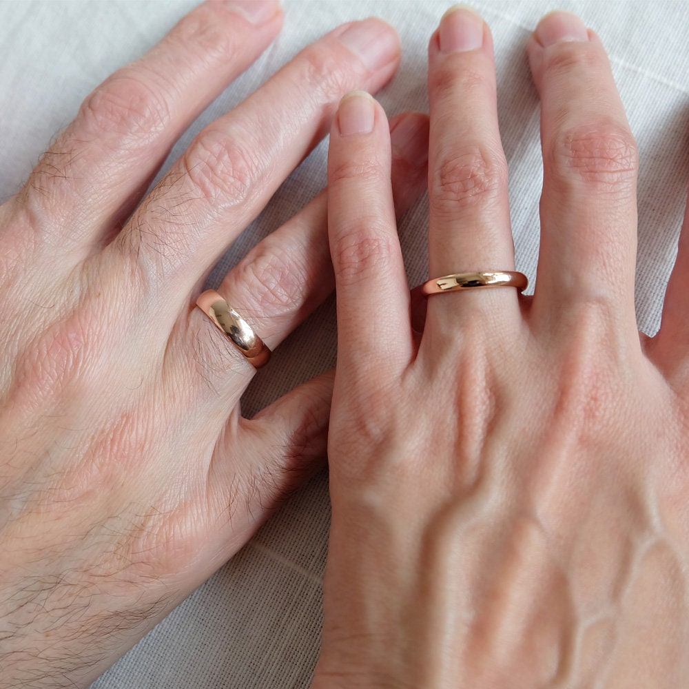 14k Rose Gold Plain Couple Band Ring Set Promise Rings His - Etsy