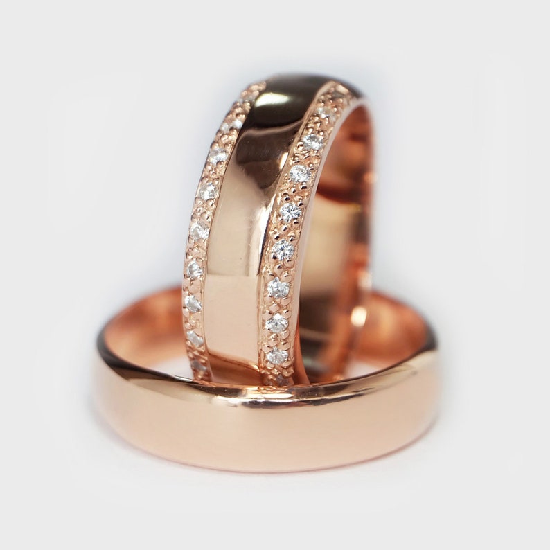 14k Gold Matching Couple Wedding Rings Set With Diamonds His - Etsy