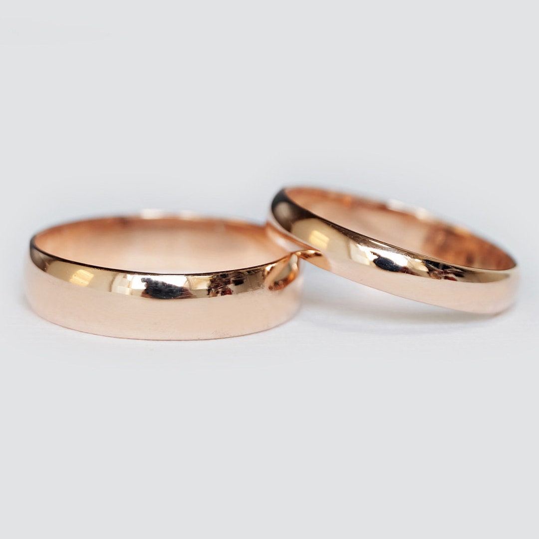 14k Rose Gold Plain Couple Band Ring Set, Promise Rings, His and Hers ...