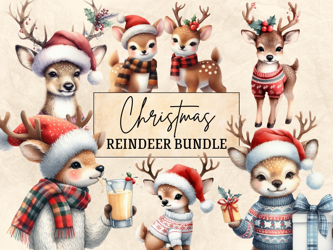 Christmas Reindeer Clipart Bundle, Watercolour Reindeer PNG, Watercolor ...